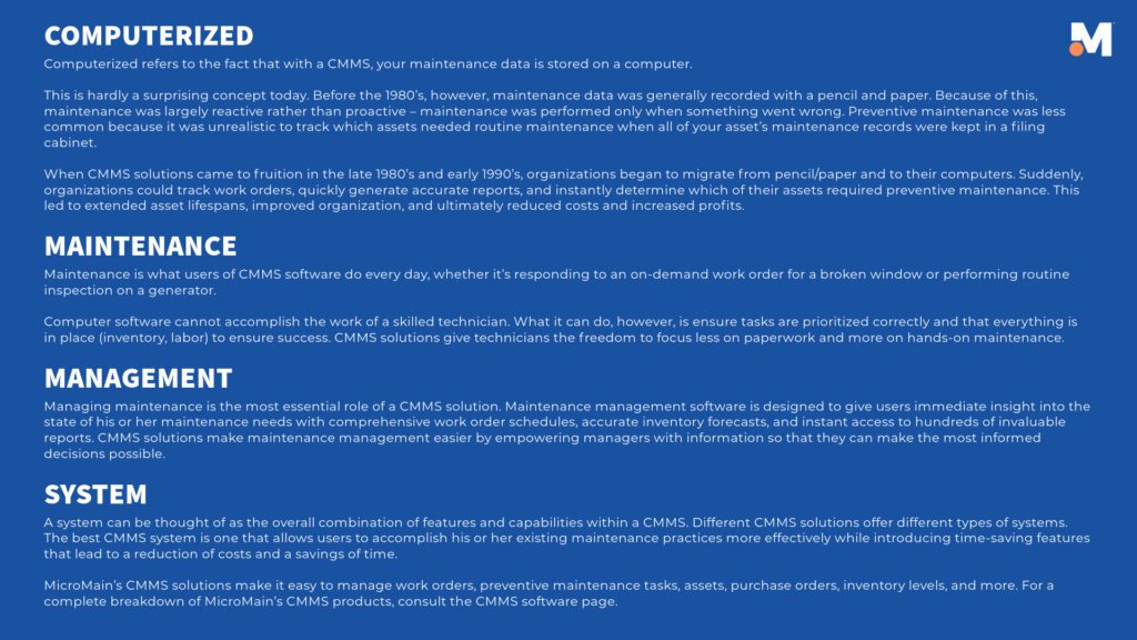 What is CMMS? Computerized Maintenance Management System